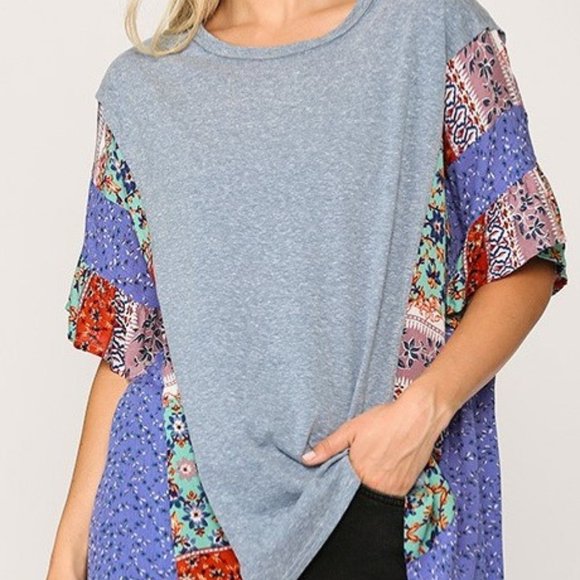 Gigio | Tops | Ruffle Top Lt Denim Blue With Floral Print | Poshmark